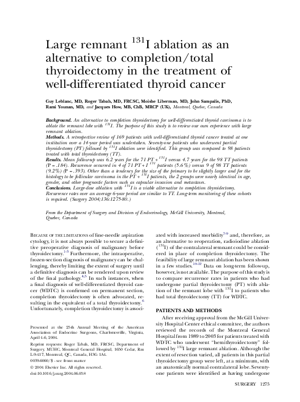 (PDF) Large remnant 131I ablation as an alternative to completion/total ...