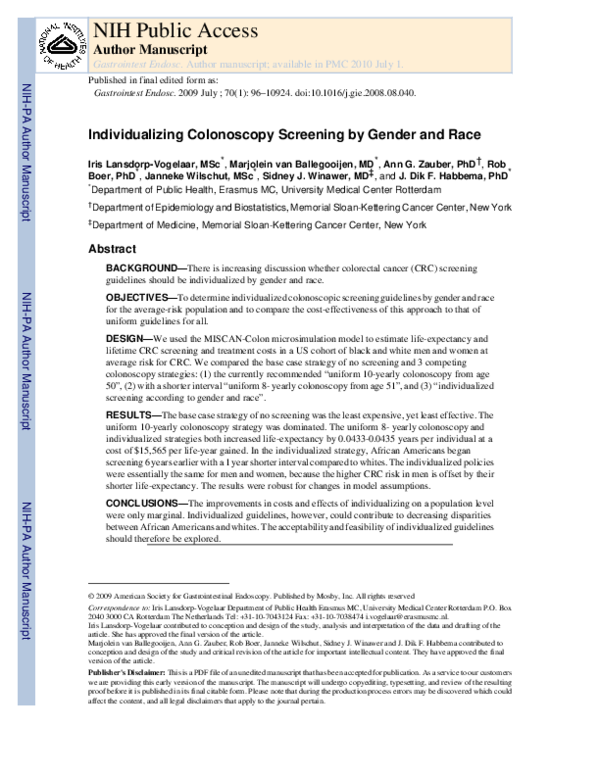 Pdf Individualizing Colonoscopy Screening By Sex And Race 1826
