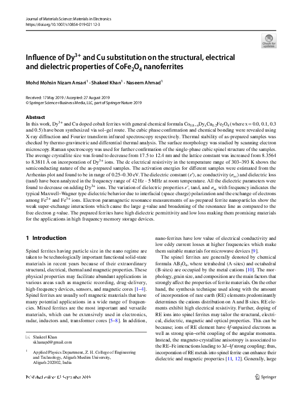 (PDF) Influence of Dy3+ and Cu substitution on the structural, electrical and dielectric ...