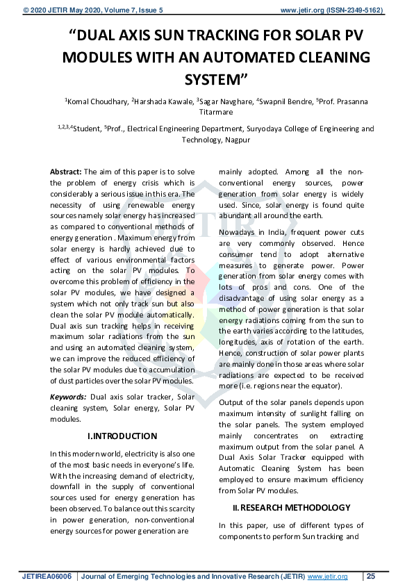 (PDF) Dual Axis Sun Tracking for Solar PV Modules with an Automated Cleaning System