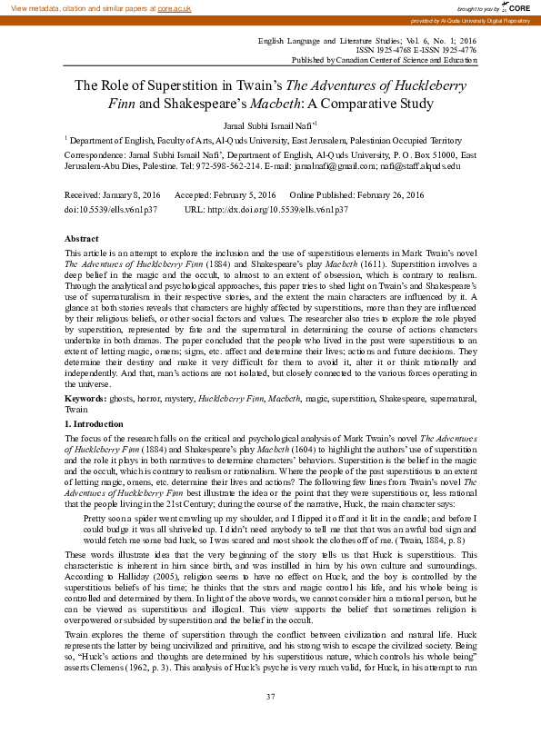 (PDF) The Role of Superstition in Twain’s The Adventures of Huckleberry ...