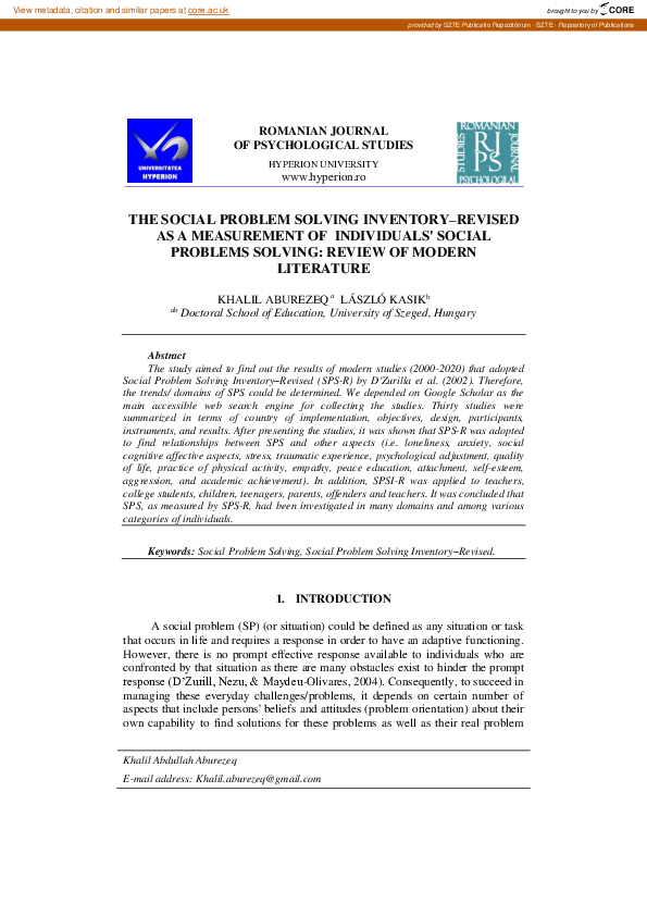 (PDF) The social problem solving inventory–revised as a measurement of ...