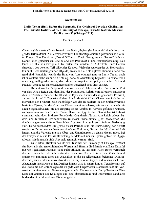 (PDF) Rezension zu: Emily Teeter (Hg.), Before the pyramids. The ...