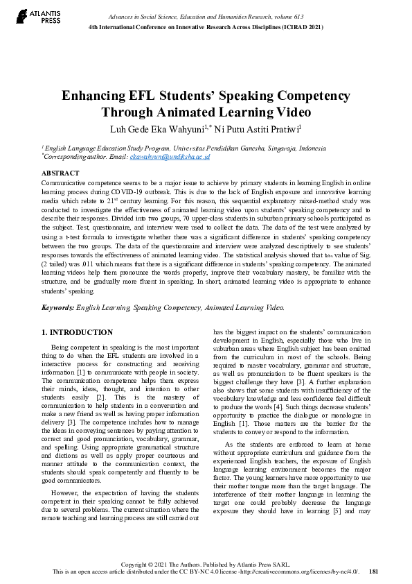 (PDF) Enhancing EFL Students’ Speaking Competency Through Animated Learning Video
