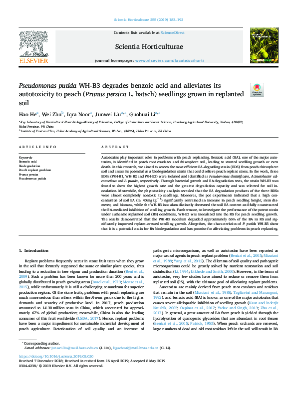 (PDF) Pseudomonas putida WH-B3 degrades benzoic acid and alleviates its ...