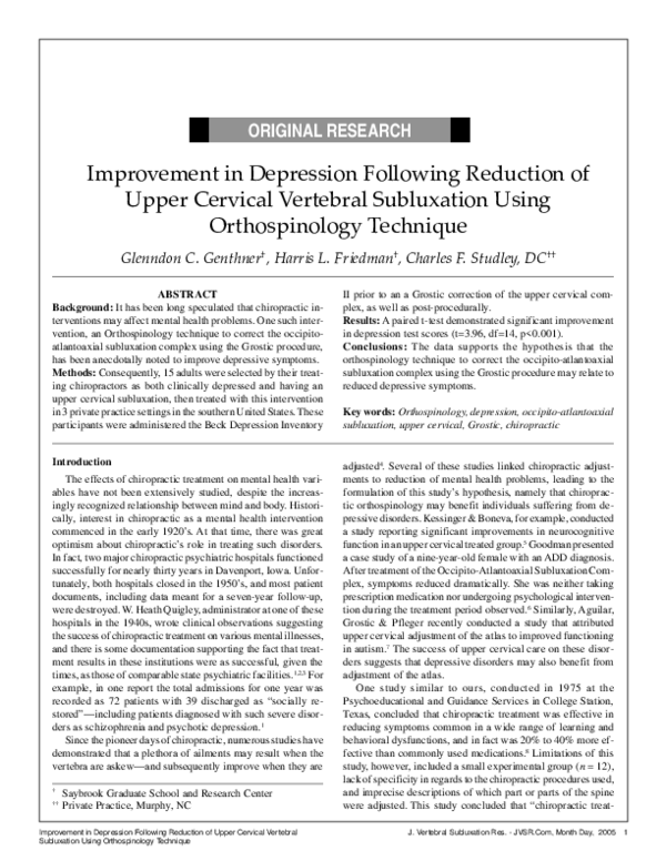 (PDF) Improvement in Depression Following Reduction of Upper Cervical ...