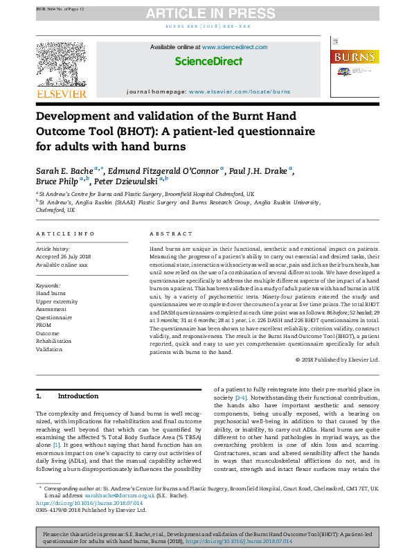 (PDF) Development and validation of the Burnt Hand Outcome Tool (BHOT ...