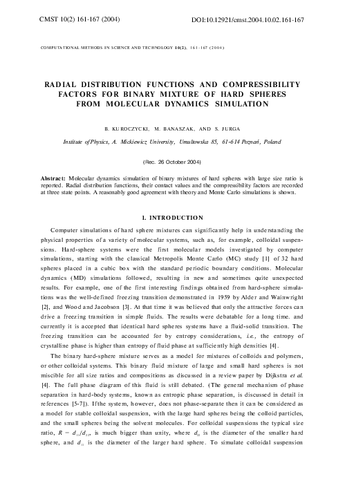 (PDF) Radial Distribution Functions and Compressibility Factors for Binary Mixture of Hard ...