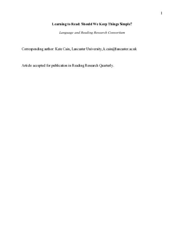 (PDF) Learning to Read: Should We Keep Things Simple? | Kate Cain ...