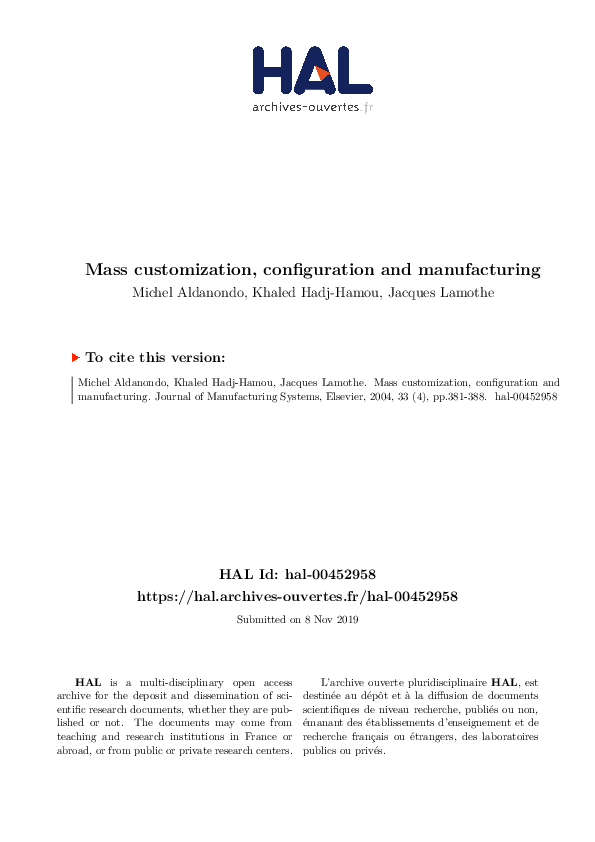 (PDF) Mass customization, configuration and manufacturing