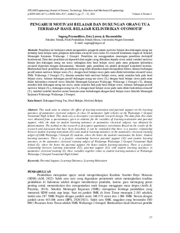 (PDF) Pengaruh Motivasi Belajar Dan Dukungan Orang Tua Terhadap Hasil Belajar Kelistrikan Otomotif