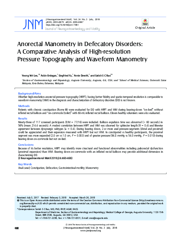 (PDF) Anorectal Manometry in Defecatory Disorders: A Comparative ...