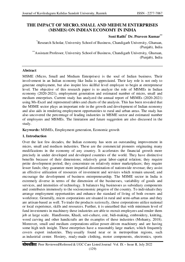 (PDF) THE IMPACT OF MICRO, SMALL AND MEDIUM ENTERPRISES (MSMES) ON INDIAN ECONOMY IN INDIA
