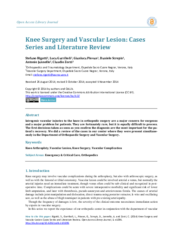 (PDF) Knee Surgery and Vascular Lesion: Cases Series and Literature Review