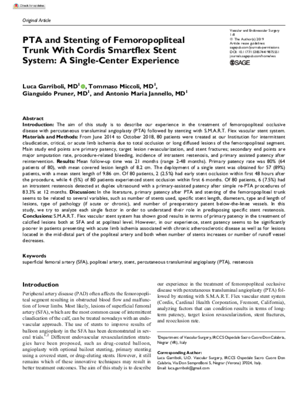 (PDF) PTA and Stenting of Femoropopliteal Trunk With Cordis Smartflex ...