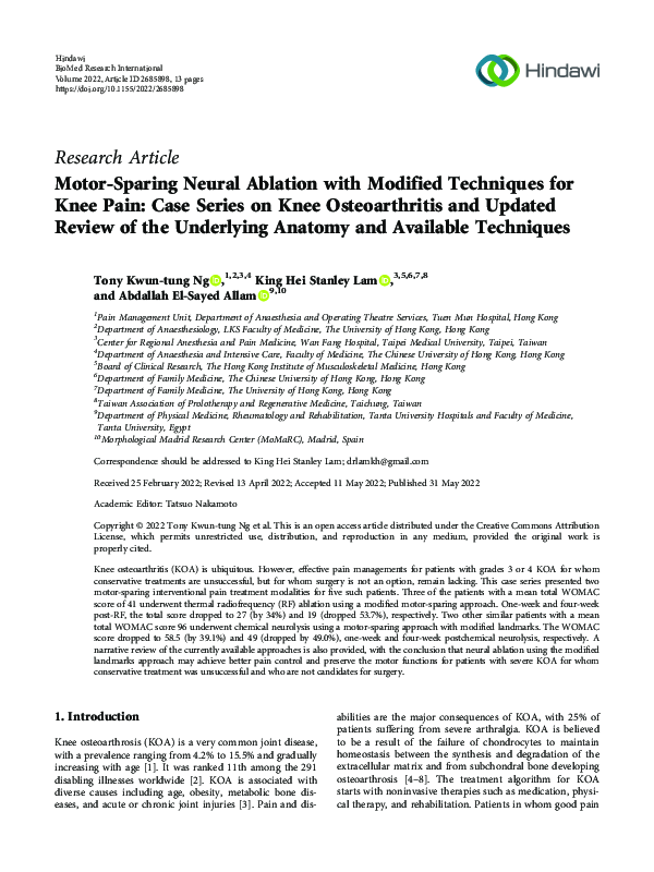 (PDF) Motor-Sparing Neural Ablation with Modified Techniques for Knee ...