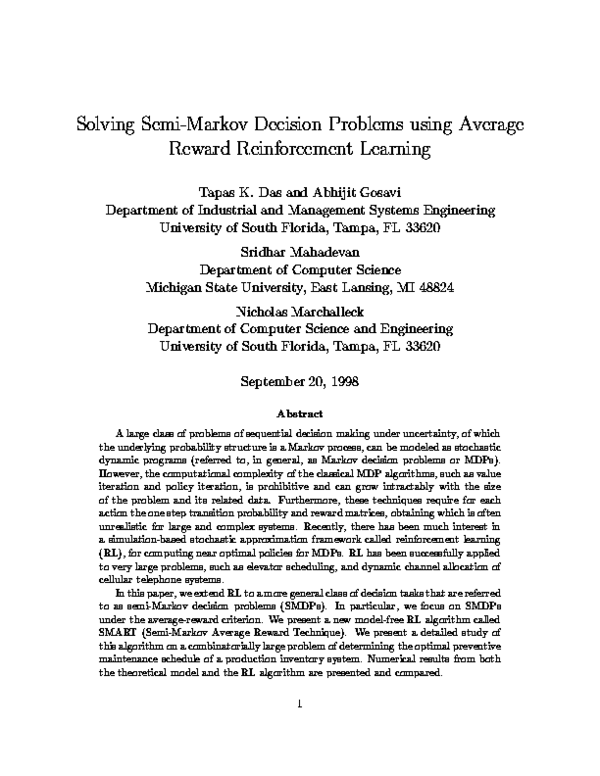 (PDF) Solving Semi-Markov Decision Problems Using Average Reward ...