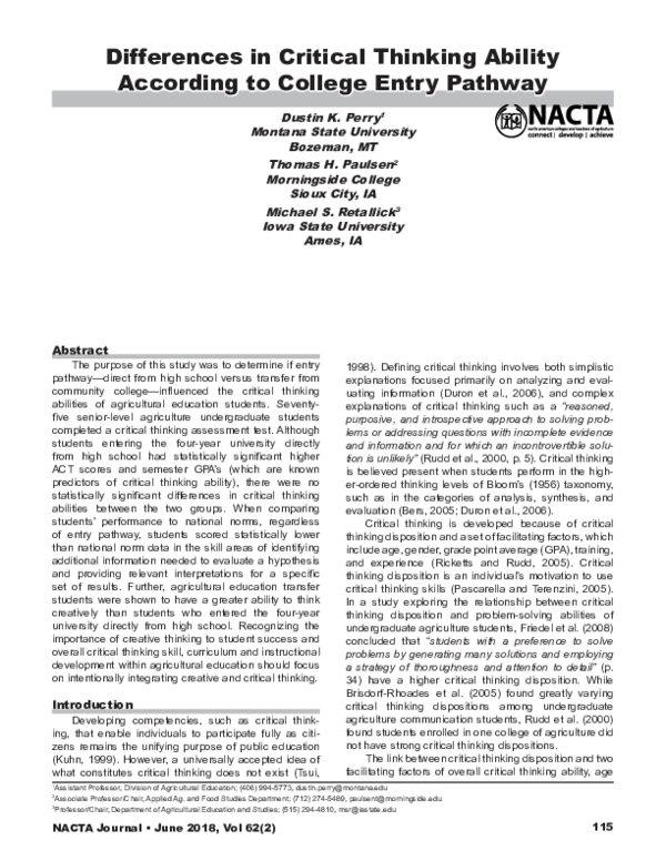 (PDF) Differences in Critical Thinking Ability According to College ...