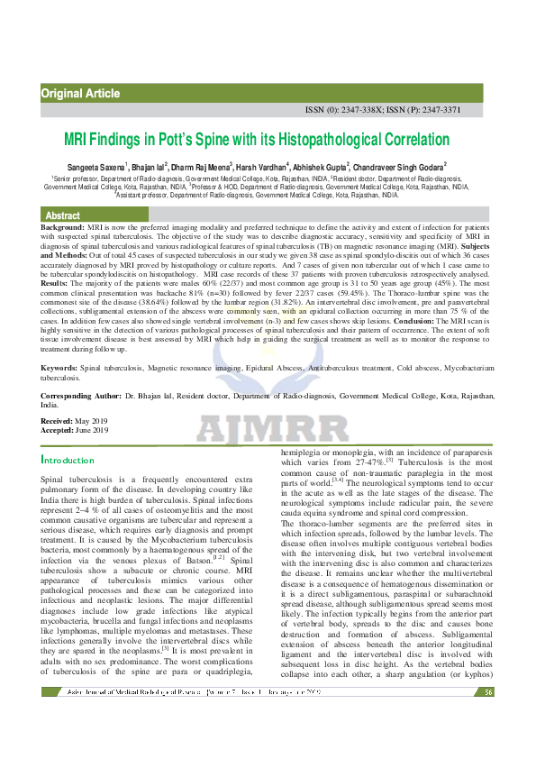 (PDF) MRI Findings in Pott’s Spine with its Histopathological Correlation