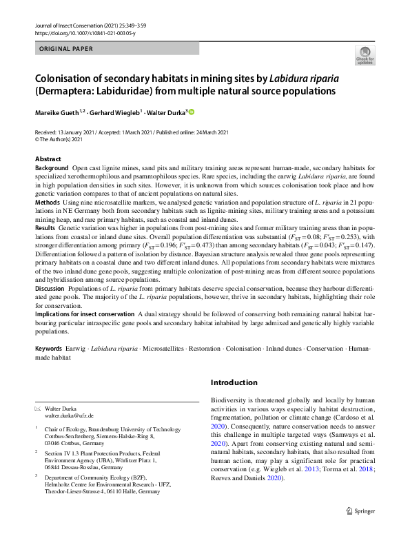 (PDF) Colonisation of secondary habitats in mining sites by Labidura ...
