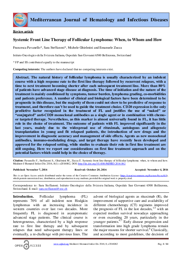 (PDF) Systemic Front Line Therapy of Follicular Lymphoma: When, to Whom ...