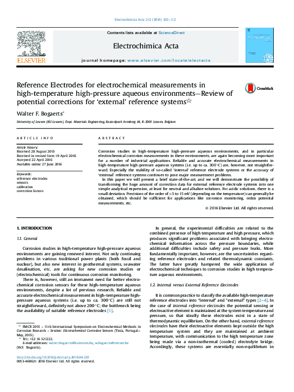 (PDF) Reference Electrodes for electrochemical measurements in high-temperature high-pressure ...