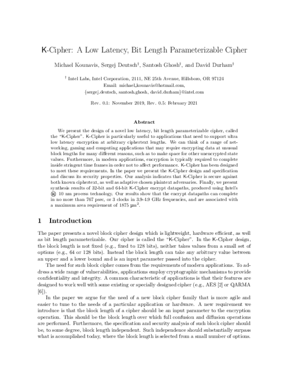 (PDF) K-Cipher: Low Latency, Variable Length Encryption Cipher