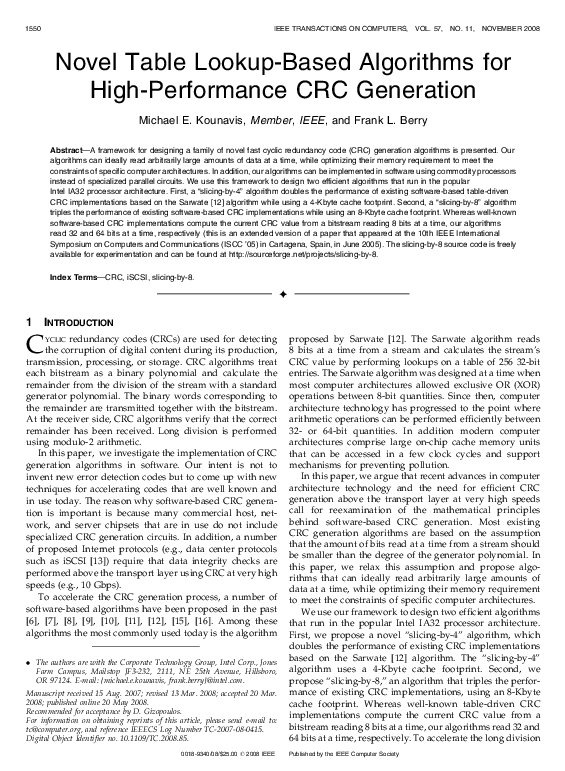 Pdf Novel Table Lookup Based Algorithms For High Performance Crc Generation