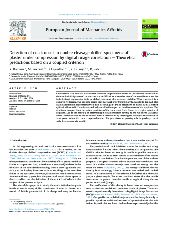 (PDF) Detection of crack onset in double cleavage drilled specimens of plaster under compression ...
