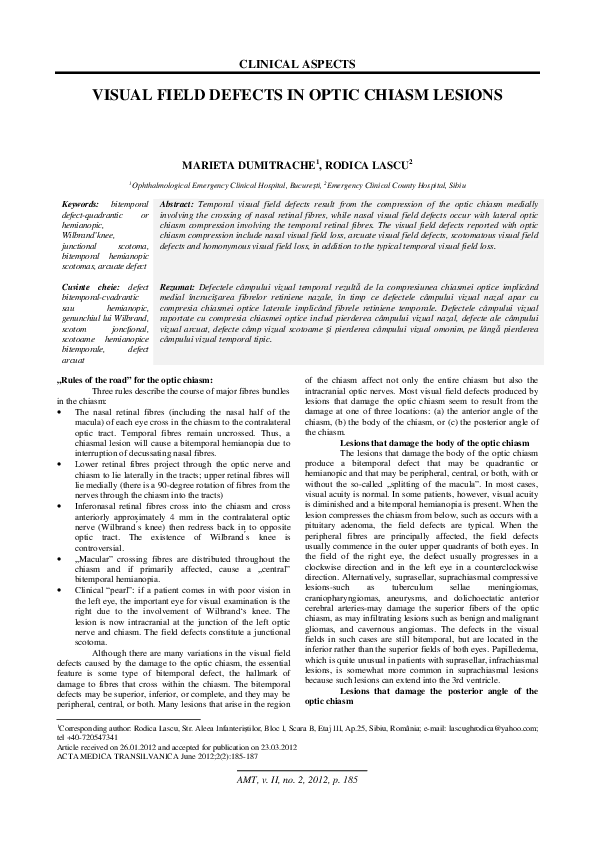 (PDF) Visual Field Defects in Optic Chiasm Lesions | Marieta Dumitrache ...