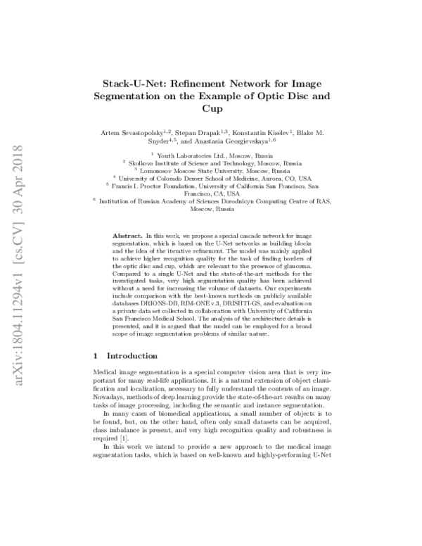 (PDF) Stack-U-Net: Refinement Network for Image Segmentation on the Example of Optic Disc and Cup