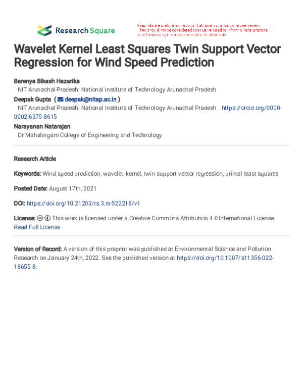 Pdf Wavelet Kernel Least Square Twin Support Vector Regression For Wind Speed Prediction