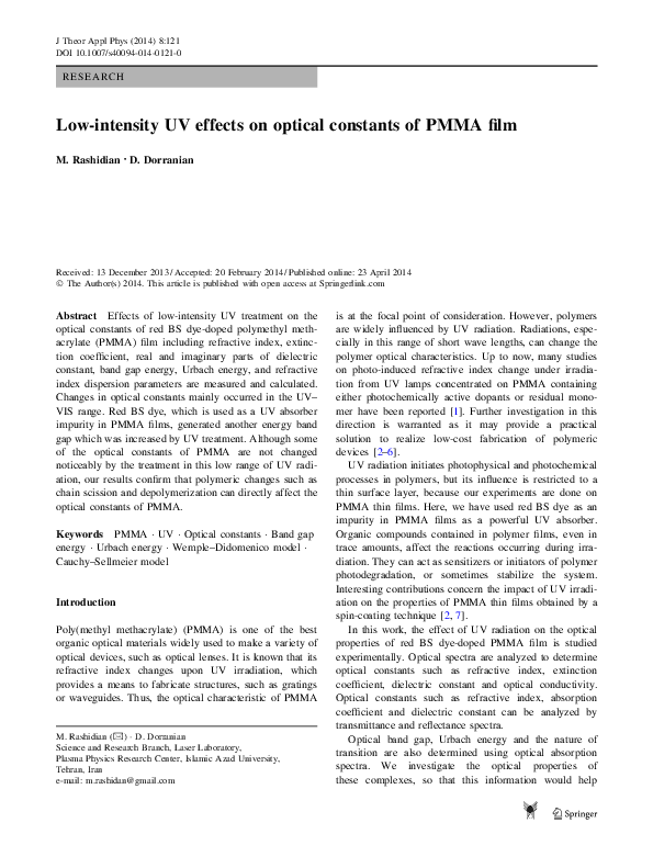 (PDF) Low-intensity UV effects on optical constants of PMMA film
