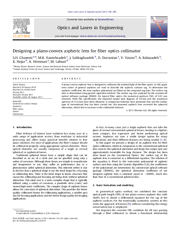 (PDF) Designing a plano-convex aspheric lens for fiber optics collimator