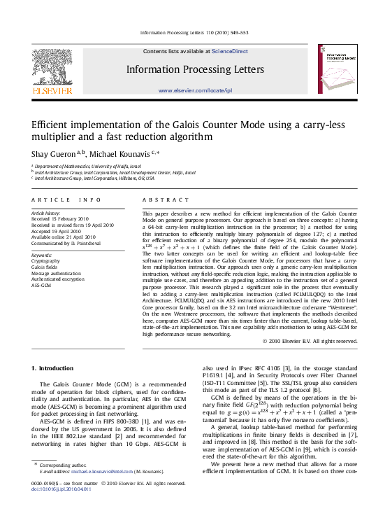 Pdf Efficient Implementation Of The Galois Counter Mode Using A Carry Less Multiplier And A