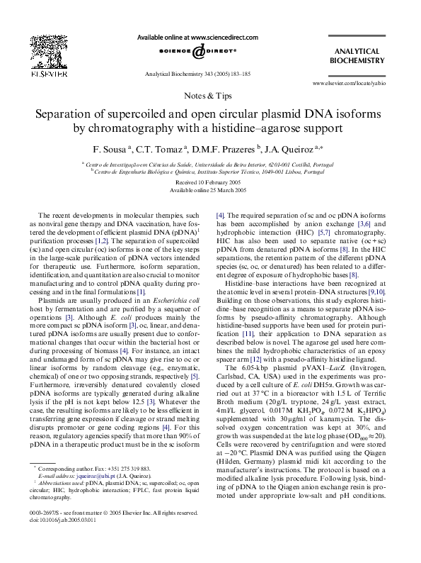 Pdf Separation Of Supercoiled And Open Circular Plasmid Dna Isoforms