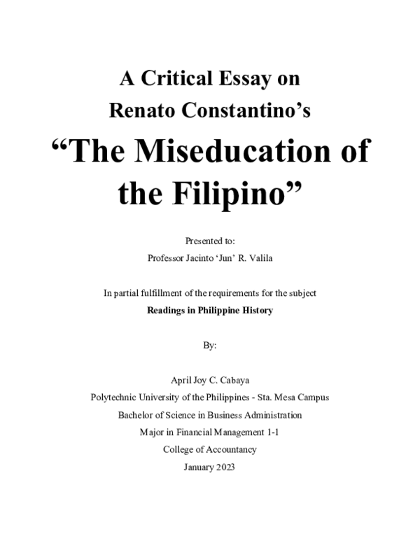 (PDF) A Critical Essay on Renato Constantino's "The Miseducation of the Filipino" by April Joy C ...