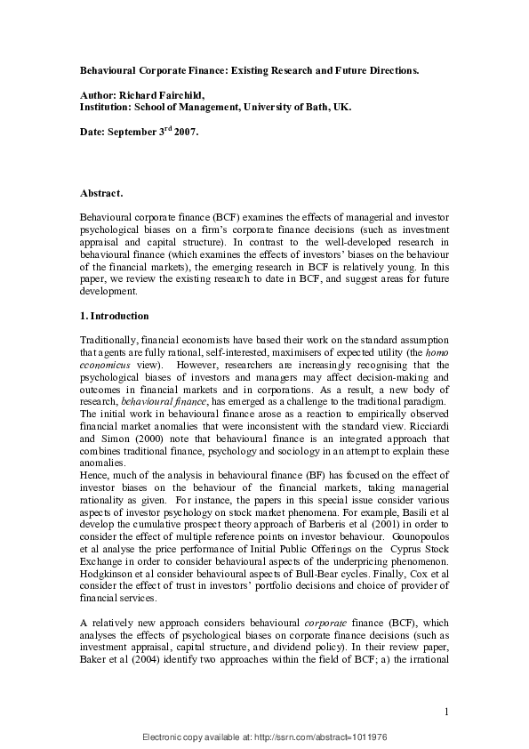 (PDF) Behavioural corporate finance: existing research and future ...