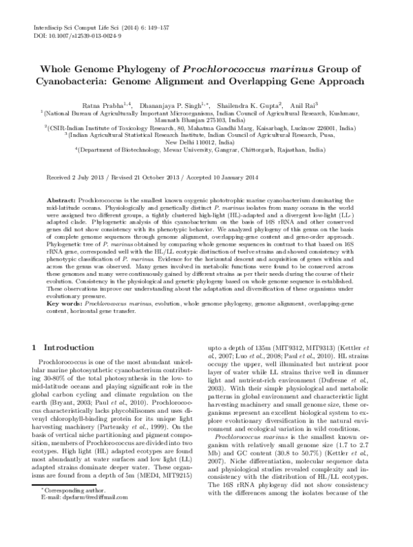 (PDF) Whole genome phylogeny of Prochlorococcus marinus group of ...