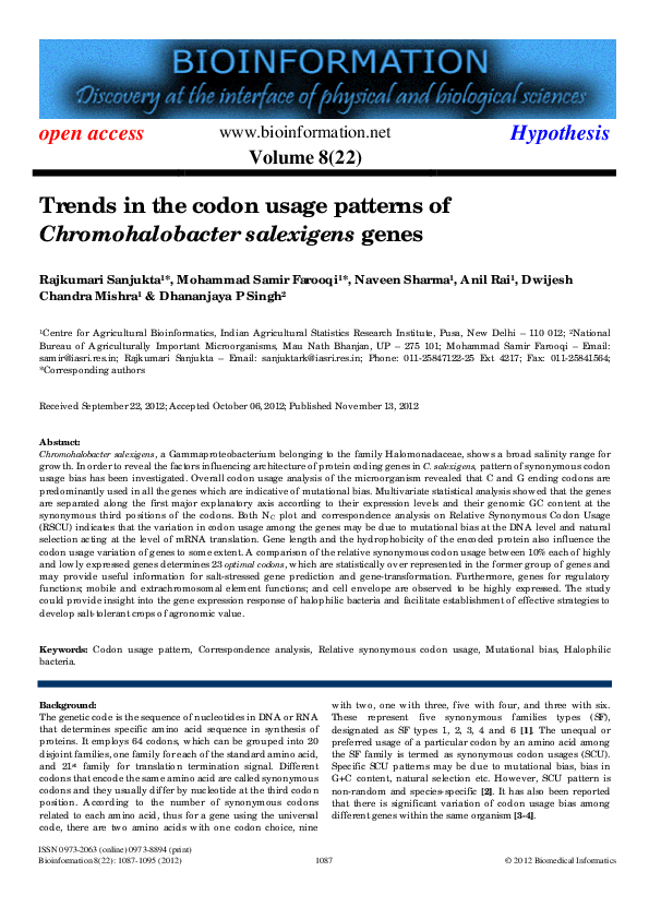 (PDF) Trends in the codon usage patterns of Chromohalobacter salexigens genes