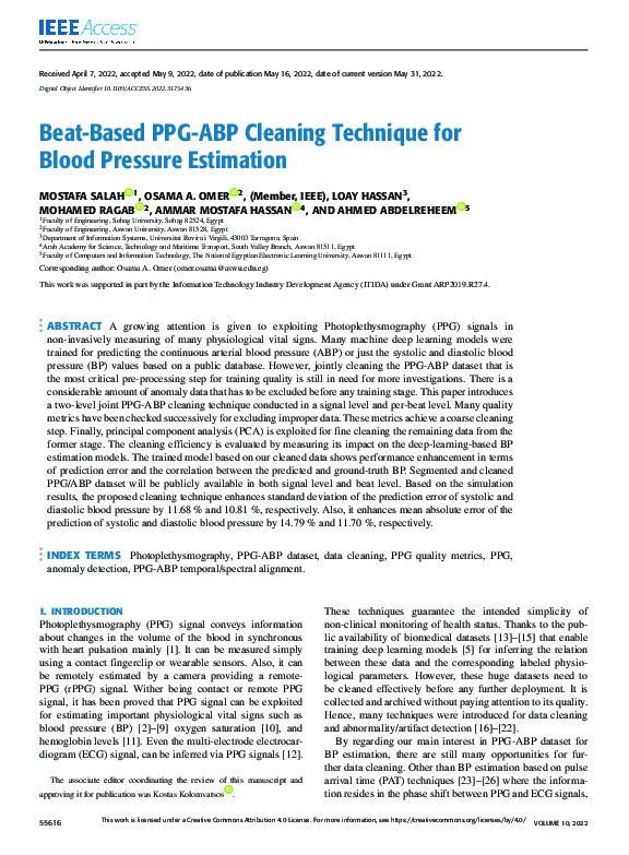 (PDF) Beat-Based PPG-ABP Cleaning Technique for Blood Pressure Estimation