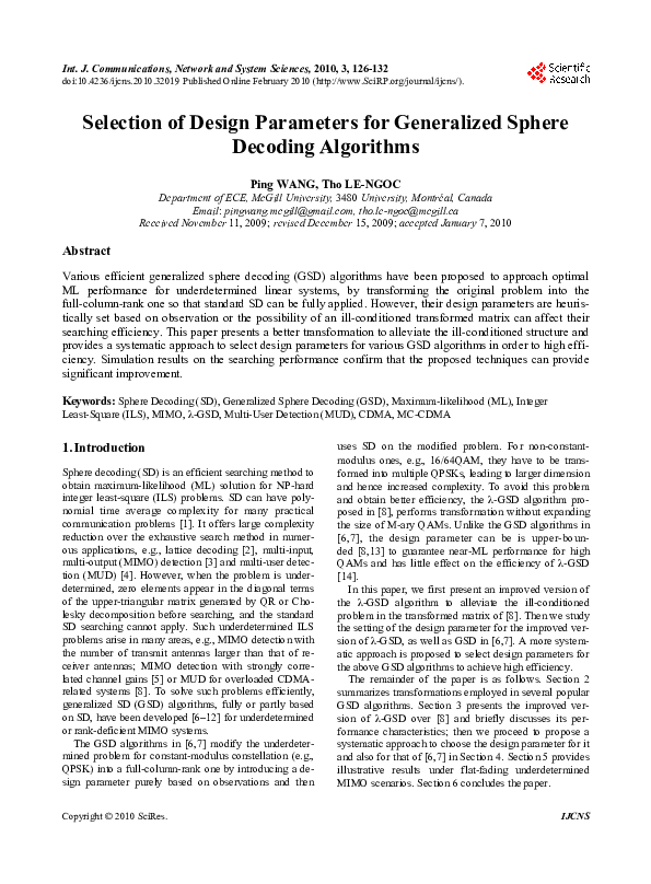 (PDF) Selection of Design Parameters for Generalized Sphere Decoding Algorithms