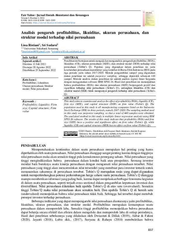(PDF) Analisis pengaruh profitabilitas, likuiditas, ukuran perusahaan, dan struktur modal ...
