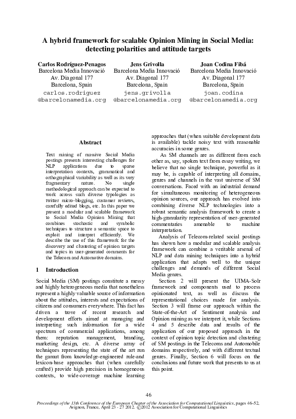 (PDF) A hybrid framework for scalable Opinion Mining in Social Media: detecting polarities and ...