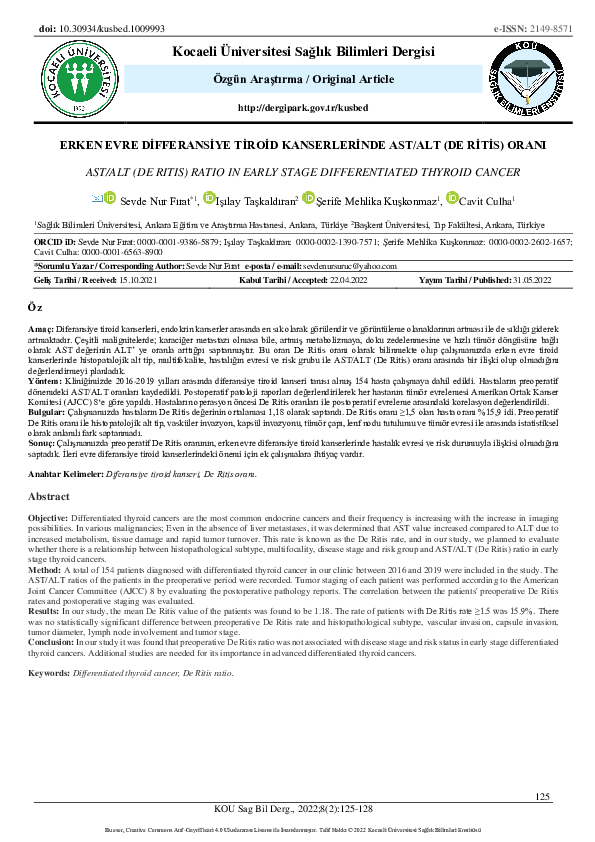 (PDF) AST/ALT (De Ritis) Ratio in Early Stage Differentiated Thyroid Cancer