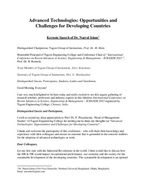 (PDF) Advanced Technologies: Opportunities and Challenges for Developing Countries
