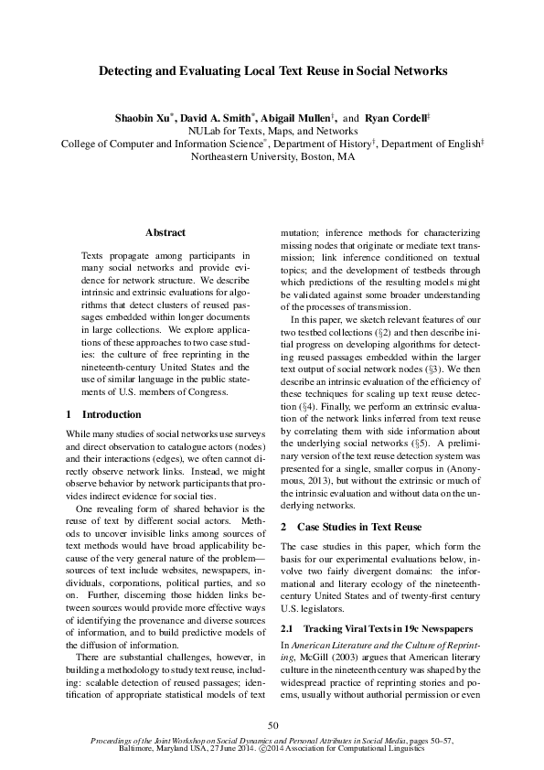 (PDF) Detecting and Evaluating Local Text Reuse in Social Networks
