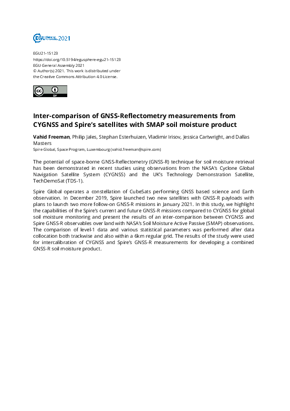 Pdf Inter Comparison Of Gnss Reflectometry Measurements From Cygnss And Spires Satellites