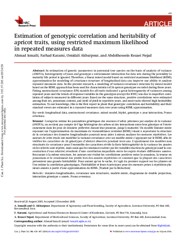 (PDF) Estimation of genotypic correlation and heritability of apricot traits, using restricted ...