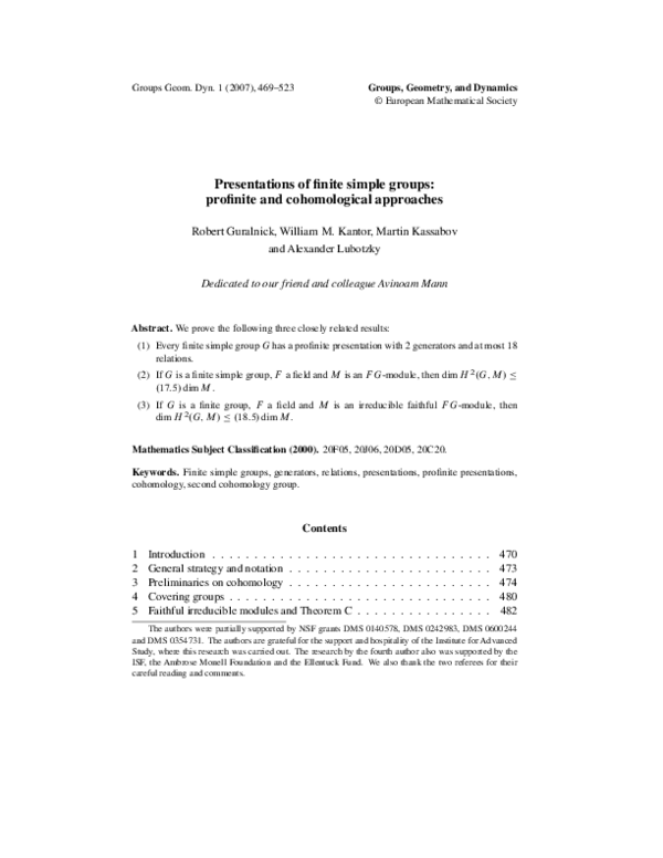 (PDF) Presentations of finite simple groups: profinite and cohomological approaches